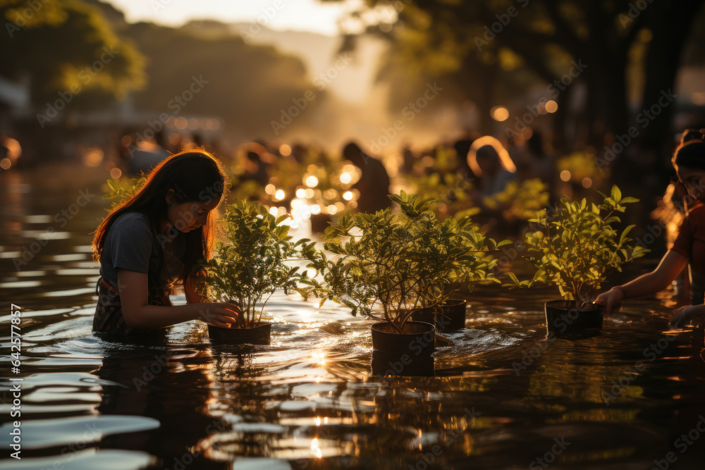 A coastal community participates in a mangrove tree planting event ...