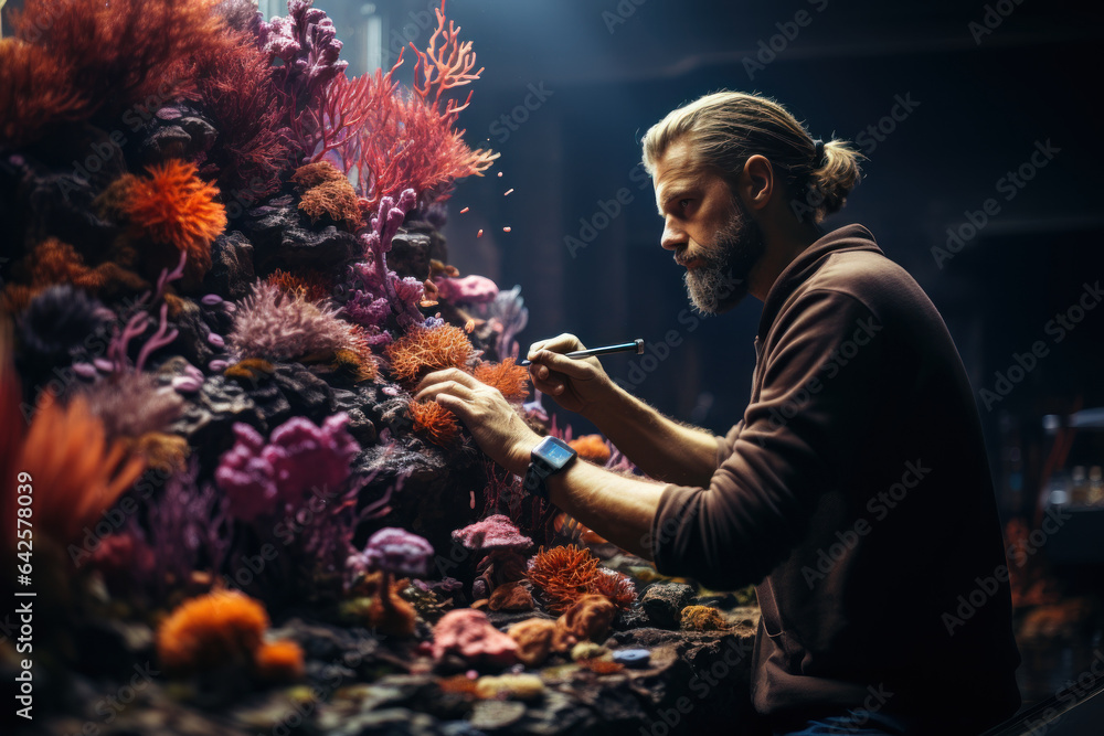 An artist creates a mural depicting ocean life, using art as a medium ...