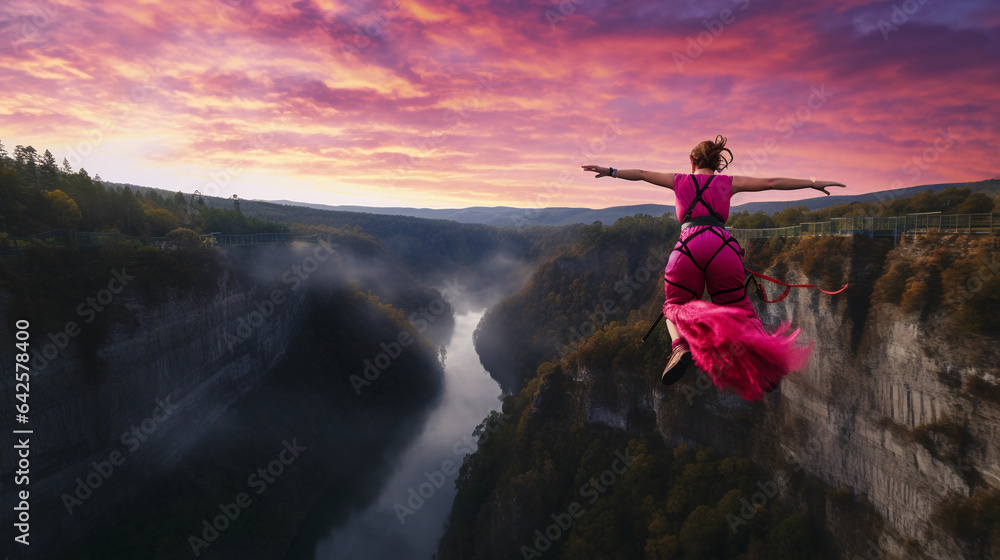 Bungee jumping off a cliff, tension in the ropes, vibrant hues, bold ...