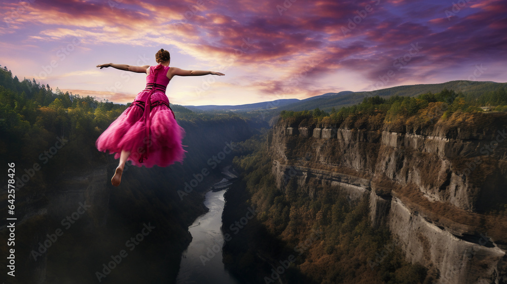 Bungee jumping off a cliff, tension in the ropes, vibrant hues, bold ...