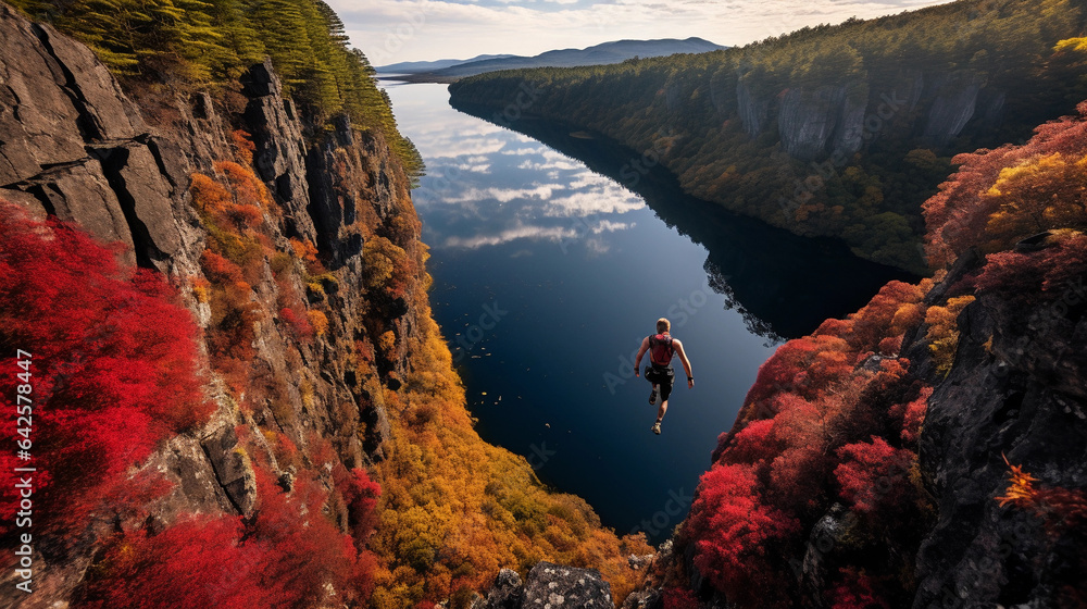 Bungee jumping off a cliff, tension in the ropes, vibrant hues, bold ...