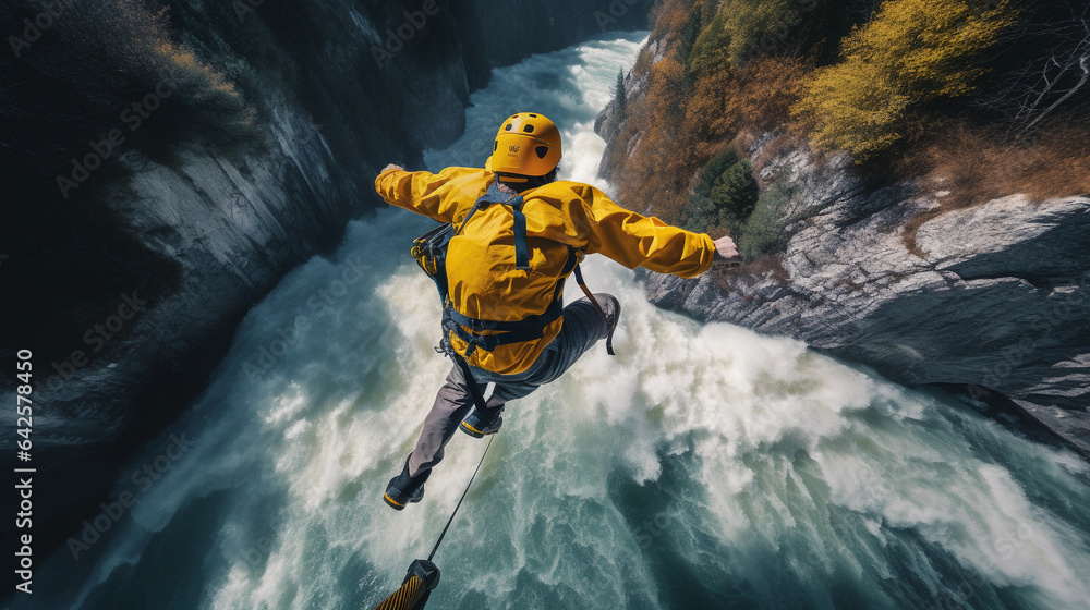 Bungee jumping off a cliff, tension in the ropes, vibrant hues, bold ...