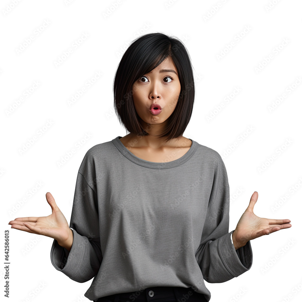 Uncertain Asian woman with short dark hair stands against transparent ...