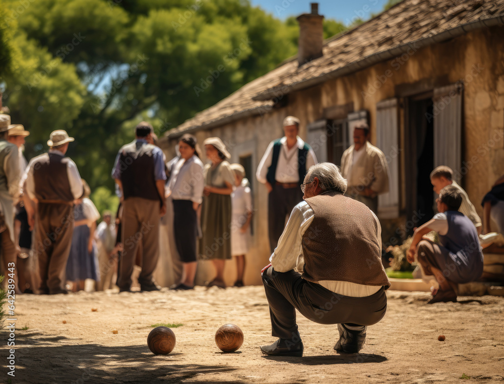 Friends and families congregating for a traditional game of pétanque, a ...