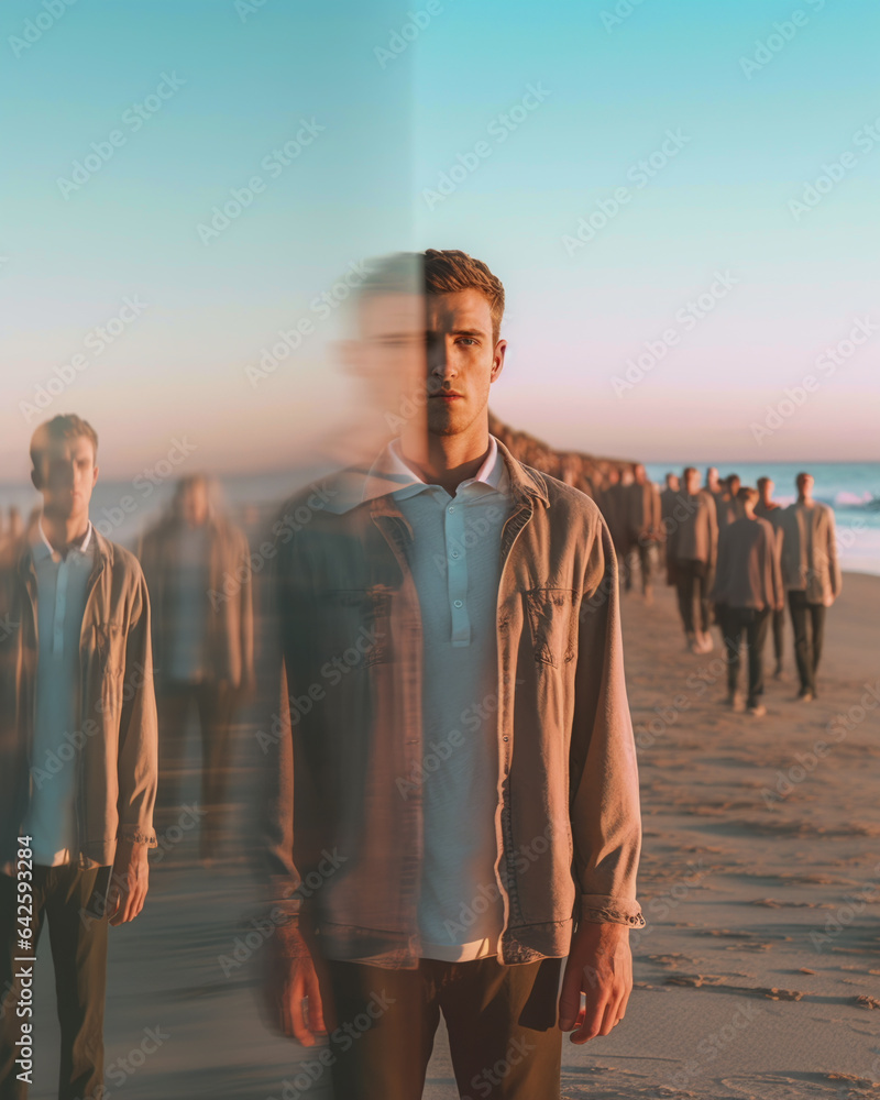 Generative AI photo of a man on a beach meeting his multiple selves ...