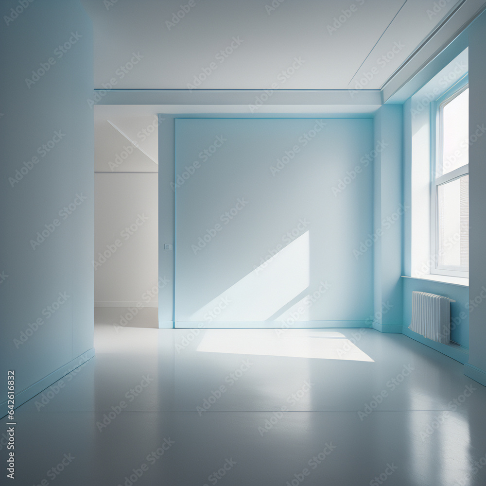 Light blue empty wall and smooth floor with interesting light glare ...
