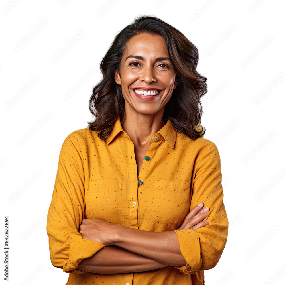Middle aged Hispanic woman joyfully poses with crossed arms and a happy ...