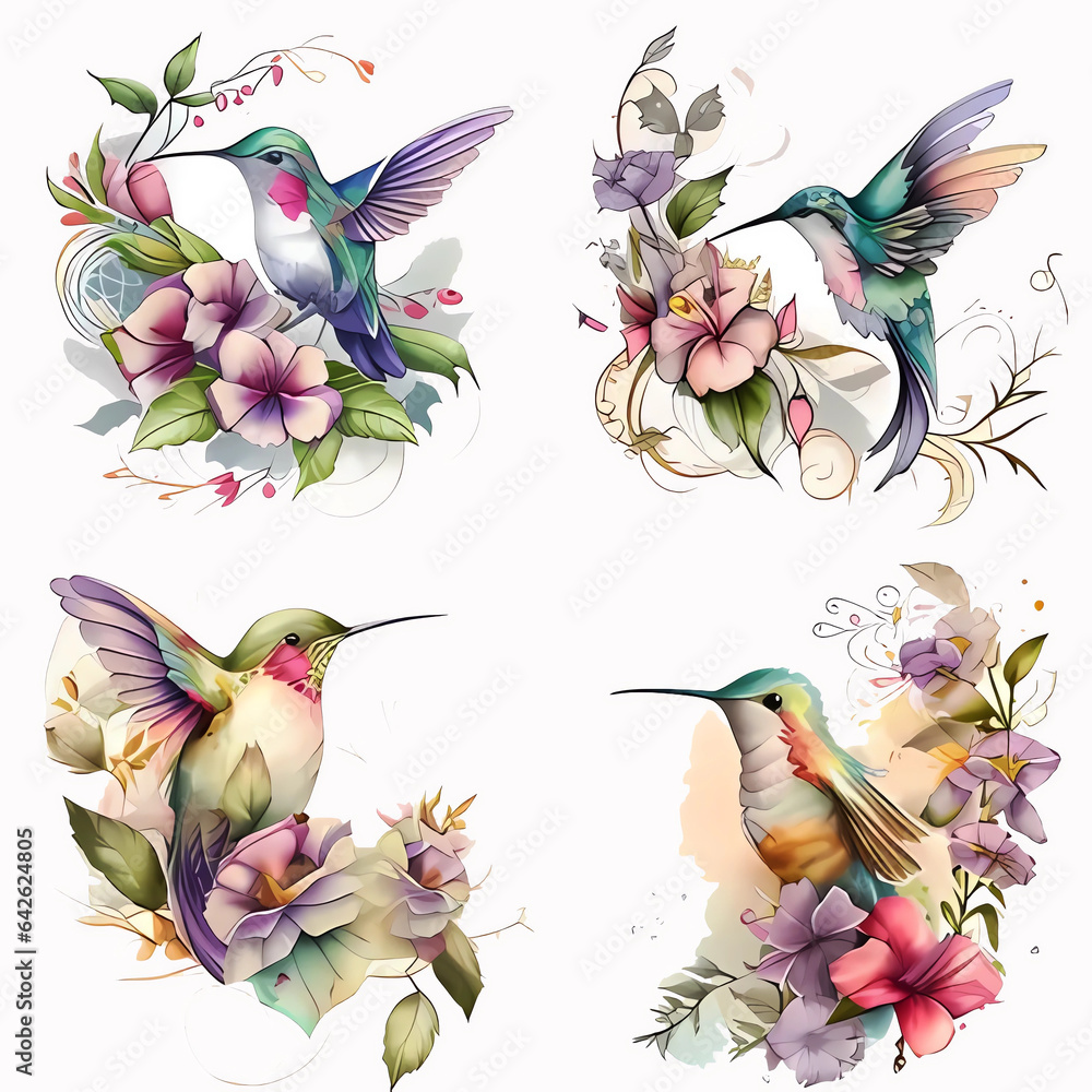 Tropical watercolor hummingbird clipart set isolated on white ...