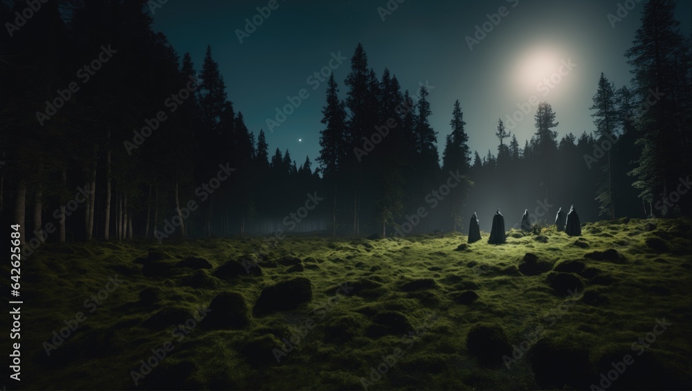 An unsettling horror moment: Occult gathering in a moonlit field. Ideal ...