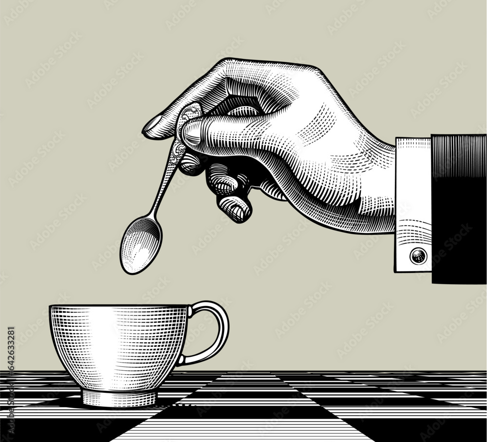 Man's hand with a teaspoon over a cup of coffee on a chess tabletop ...