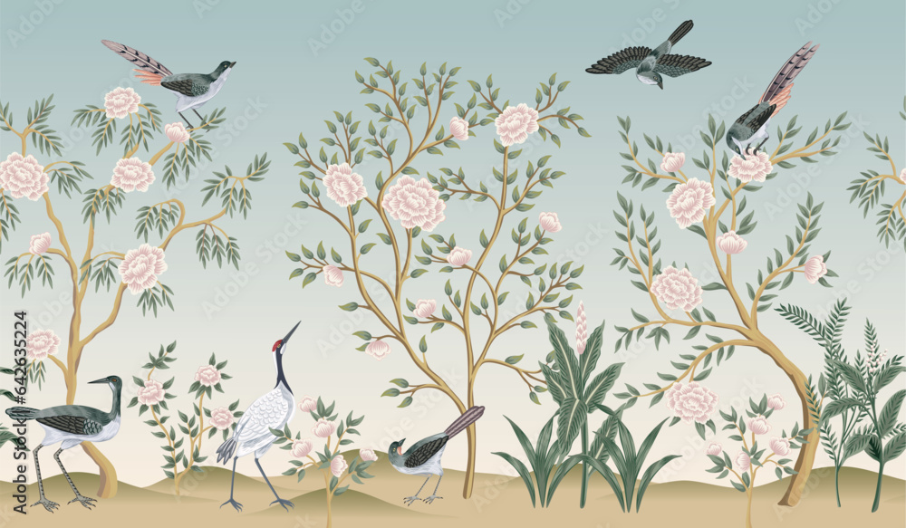 Chinese rose tree, plants, birds mural. Chinoiserie wallpaper. Stock ...
