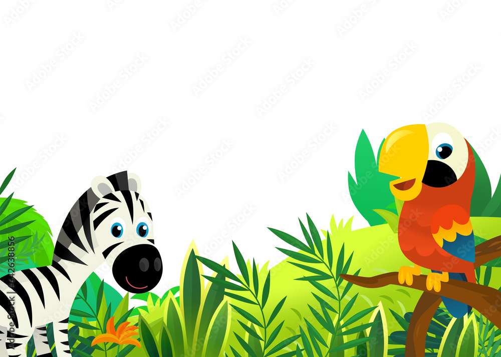 cartoon scene with jungle and animals and parrot bird being together as ...