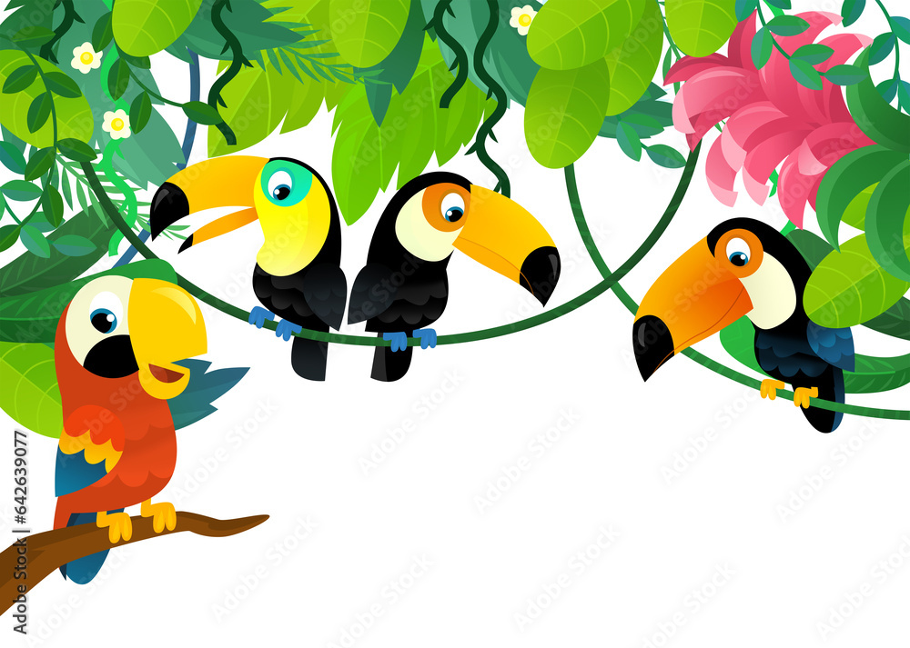 cartoon scene with jungle and animals and parrot bird being together as ...
