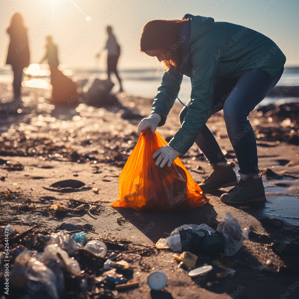 Foto de Volunteers picking up trash on a beach. An environmental and ...
