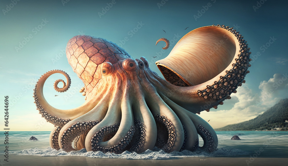 Giant octopus holding conch shell in the sea beach AI Generated Stock ...