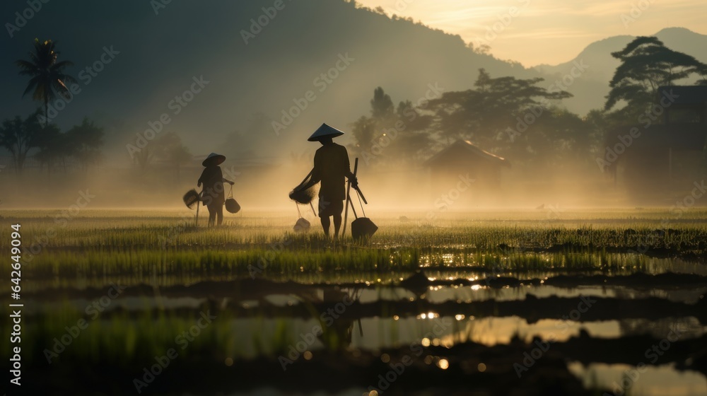asian chinese farmer workers working at rice farm fields and harvesting ...