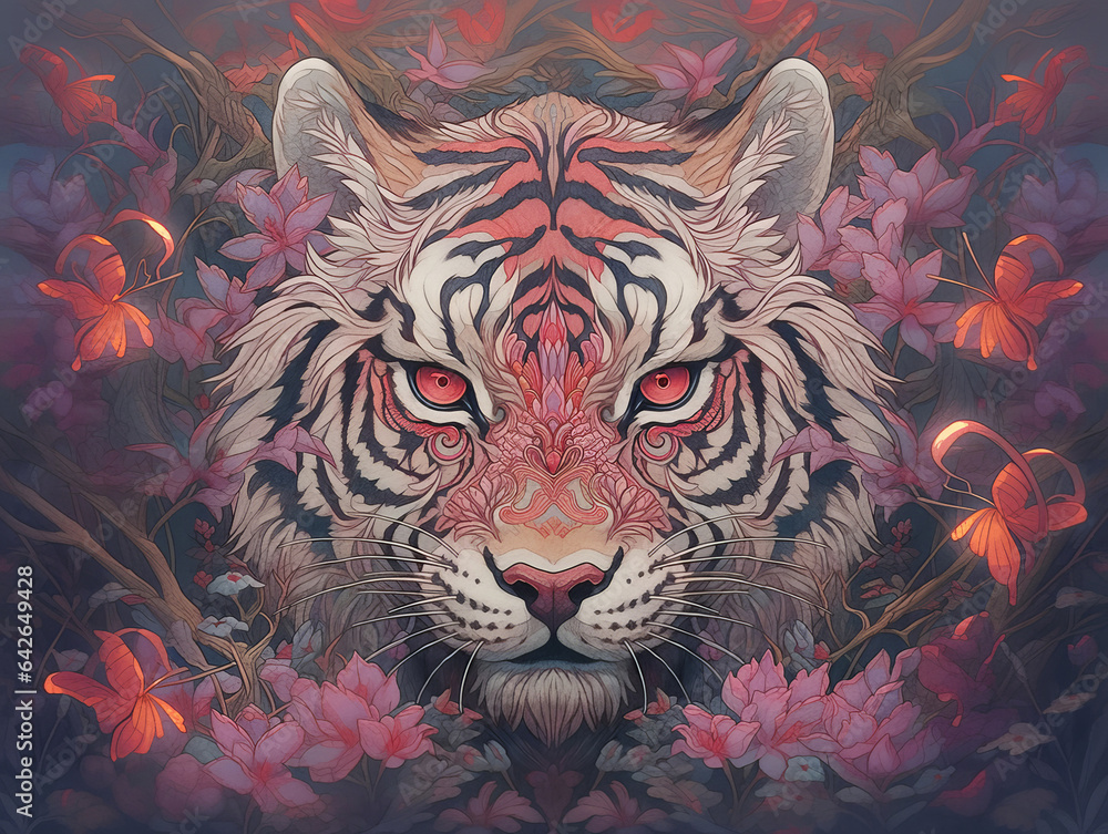Psychedelic tiger head with symmetrical mandala shapes. Animal Totem ...
