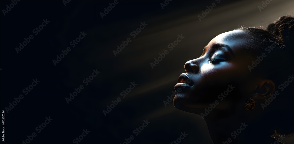 portrait, black woman's face on a black background, close-up, fashion ...