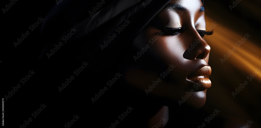 portrait, black woman's face on a black background, close-up, fashion ...