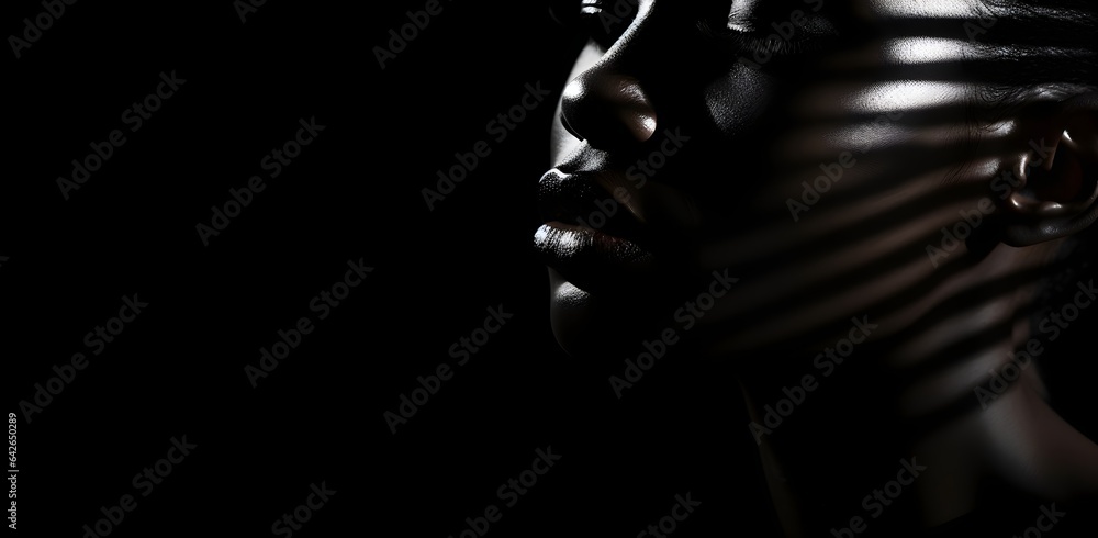 portrait, black woman's face on a black background, close-up, fashion ...