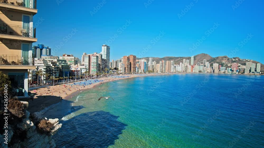 A panoramic view of Platja de Llevant from Balcó del Mediterrani in ...