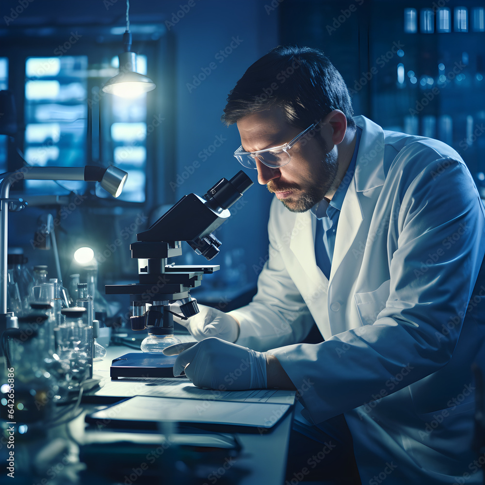 Man in a lab looking through a Compound Microscope. A science and ...