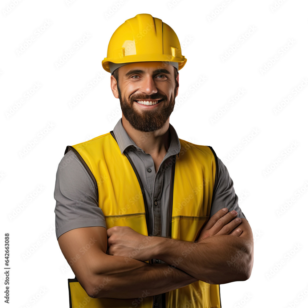 Engineer in vest and yellow helmet isolated on transparent background ...