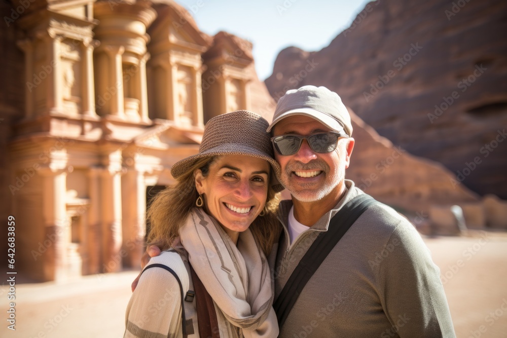 Couple in their 40s smiling at the Petra in Maan Governorate Jordan ...