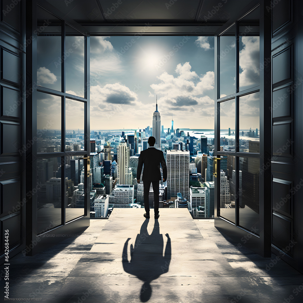 Behind view of a businessman in his corporate tower looking over the ...