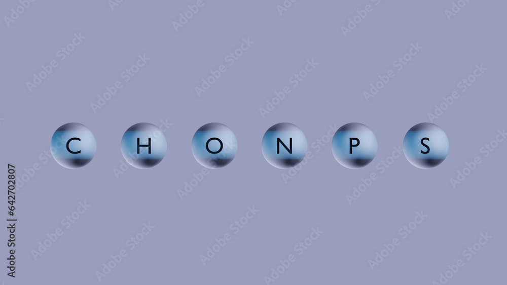 3d representation of the word chonps, light background of blue color spotlights hitting the ...