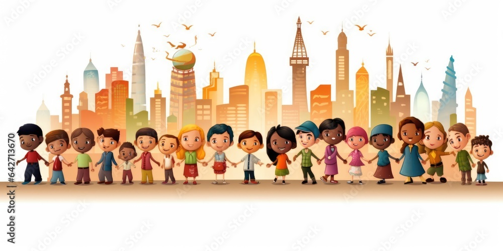 multicultural diverse children cartoon with city skyline of world ...