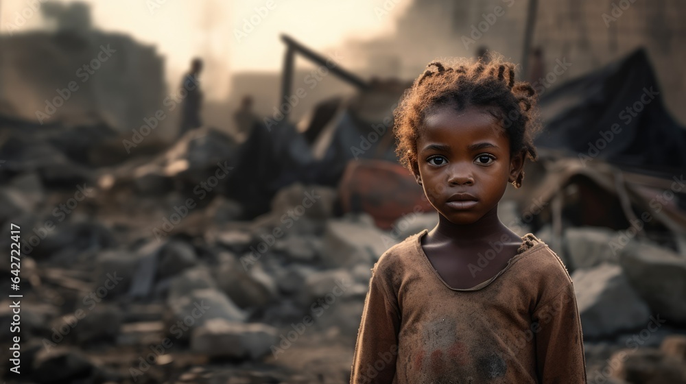 A sad face of a little African girl standing in front of collapse ...