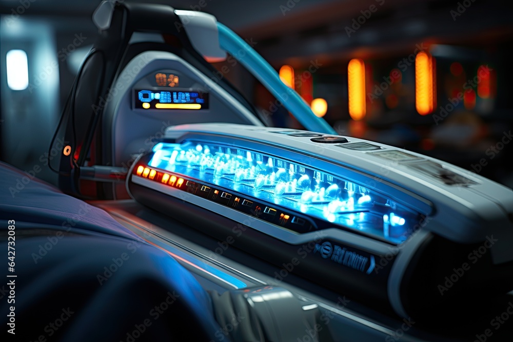 the interior of an airplane with blue and red lights on it's side view ...