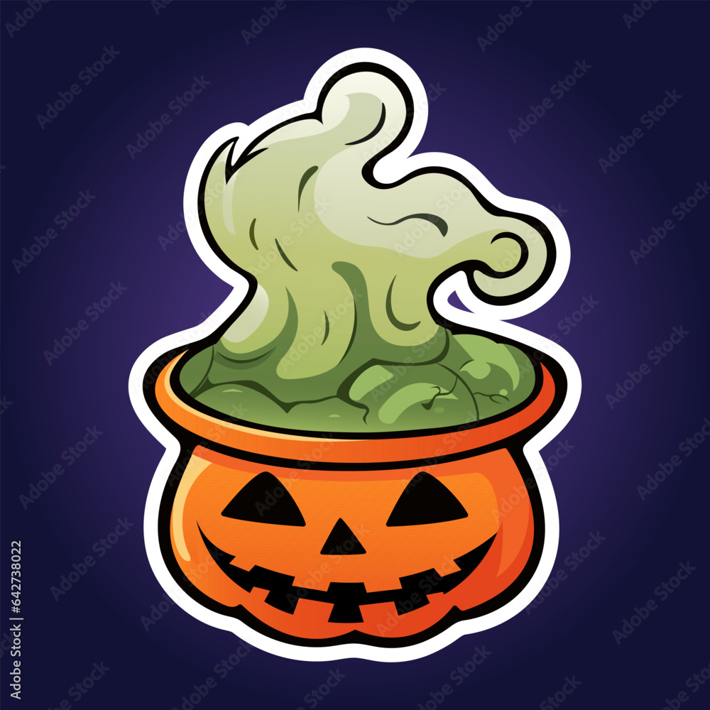 Hand drawn pumpkin pot of green Witch Potion. Gradient Poison with ...