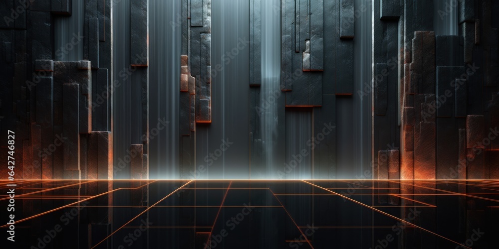 Black stone tile wall of cyberspace room with neon lines in the floor ...