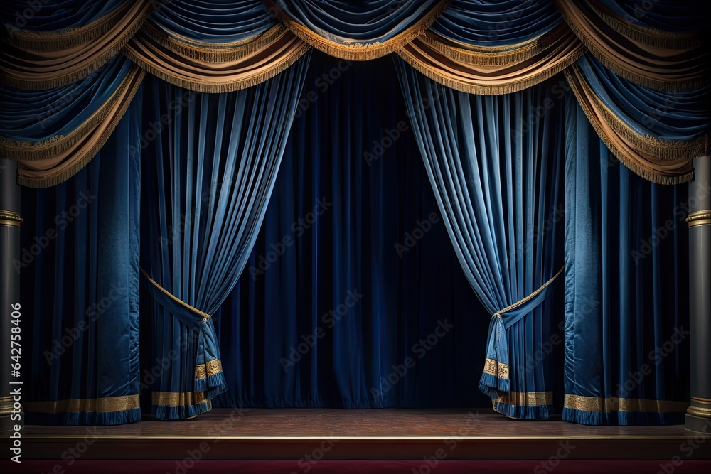 Cinema magic. Blue velvet curtain unveiling screen. Elegance in ...