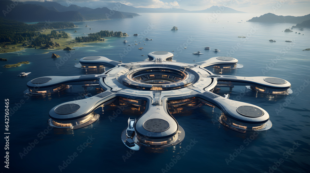 there is a futuristic floating island with a circular structure in the ...