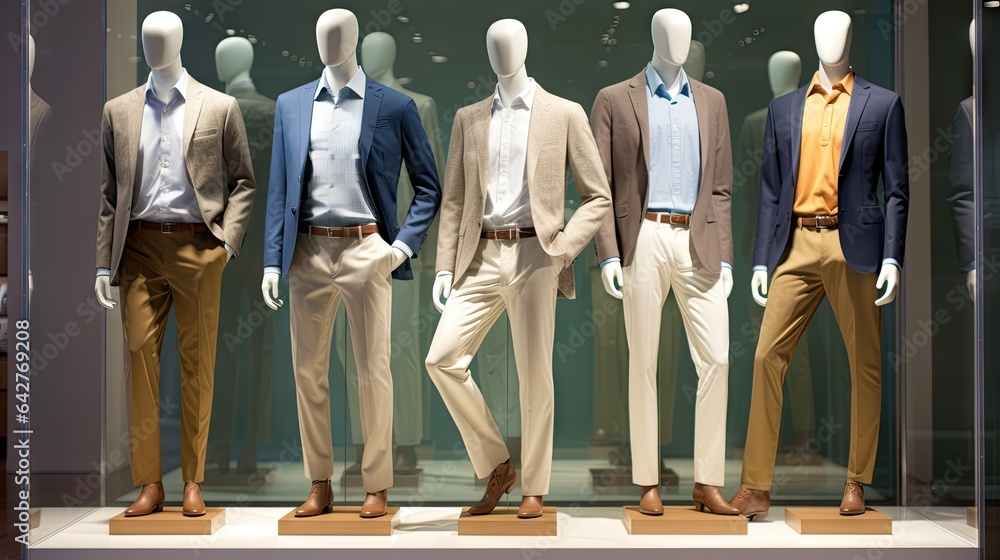 men's clothing on display in a shop window, with manns and manns behind ...