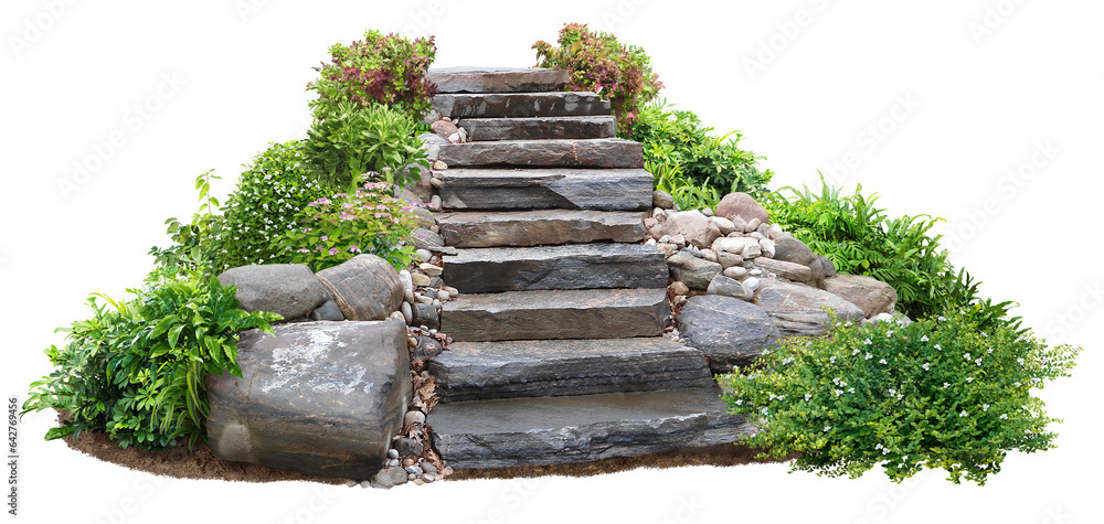 Cut out stairs made of large stone steps. Staircase lined with green ...