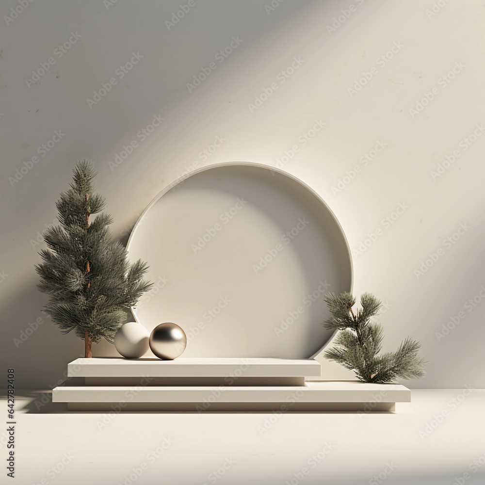 3D podium display and pine tree, Christmas tree with snow and modern ...