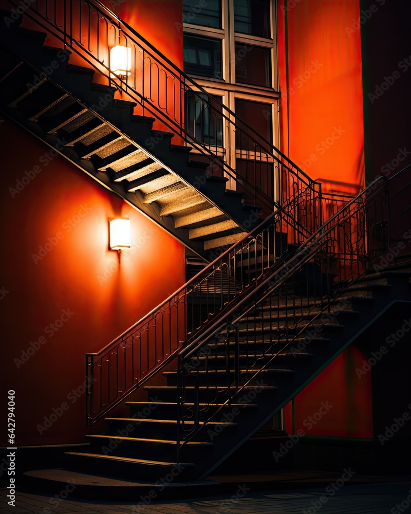 some stairs in front of an orange building at night with the light ...