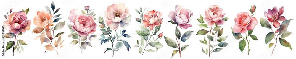 Set of Hand painted, elegant watercolor flowers Beautiful, romantic ...