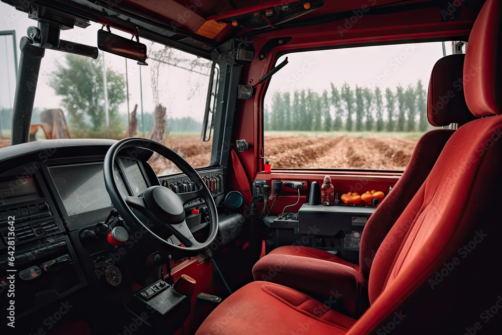 the inside of a truck with red leather seats and dashboards, looking ...