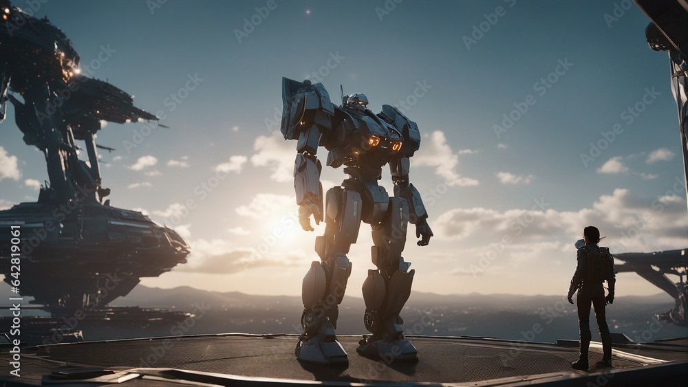 A mecha stands high on a scifi platform with a mecha pilot looking at ...