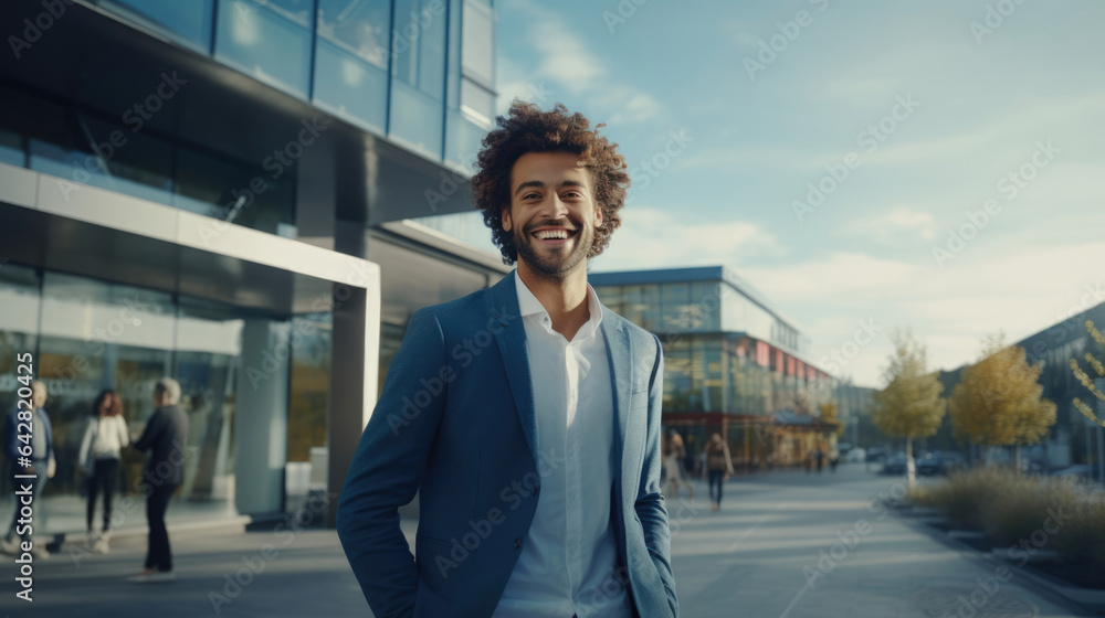 The software entrepreneur smiles outside their development firm ...