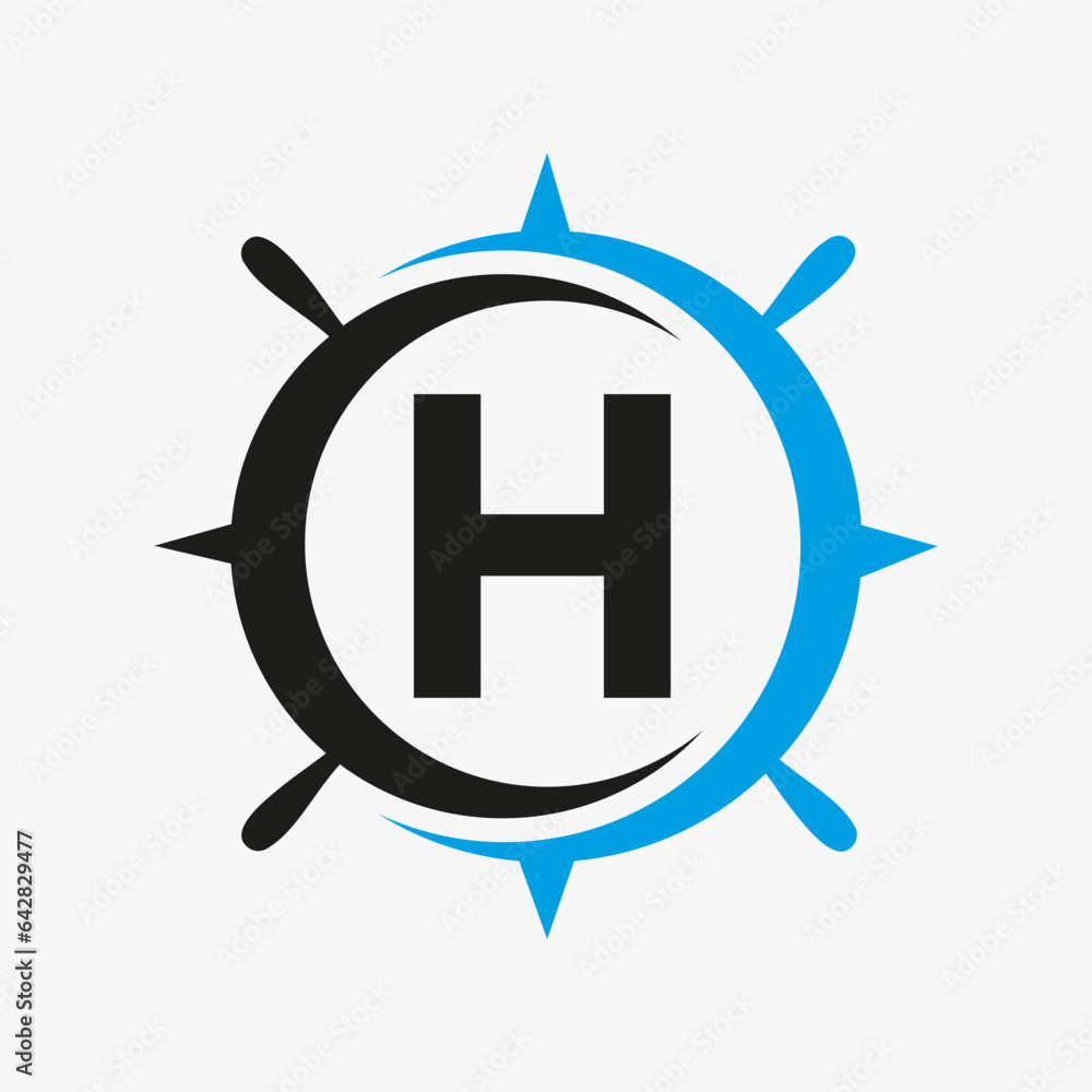 Letter H Ship Logo Concept With Ship Wheel Sign Vector Template Stock ...