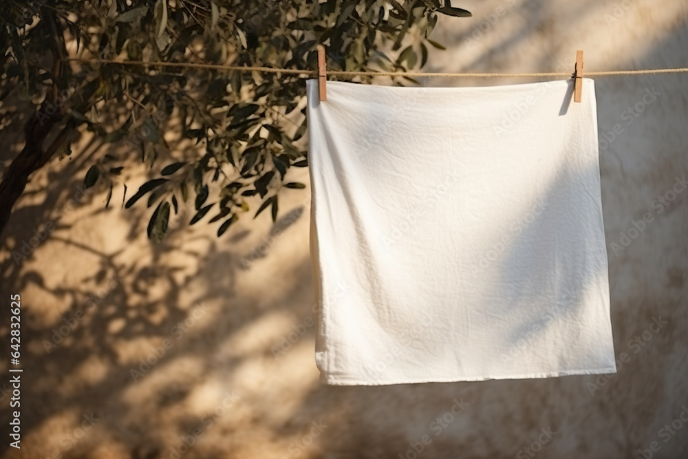 White cloth hanging on a clothesline with olive tree in background ...