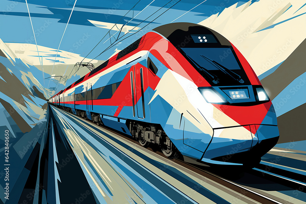 A modern high-speed train moves along the railway tracks against the ...