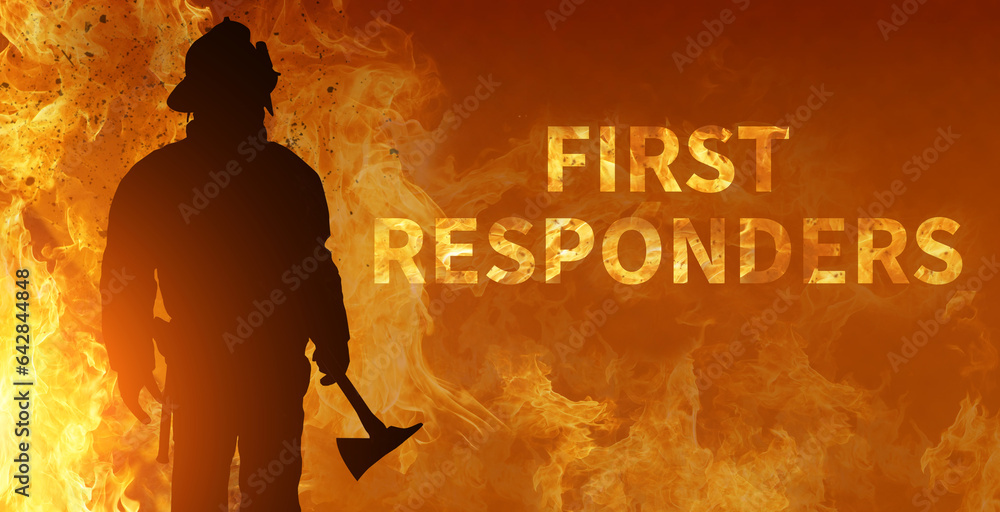 Firefighter silhouette on fire background. First responders. USA ...