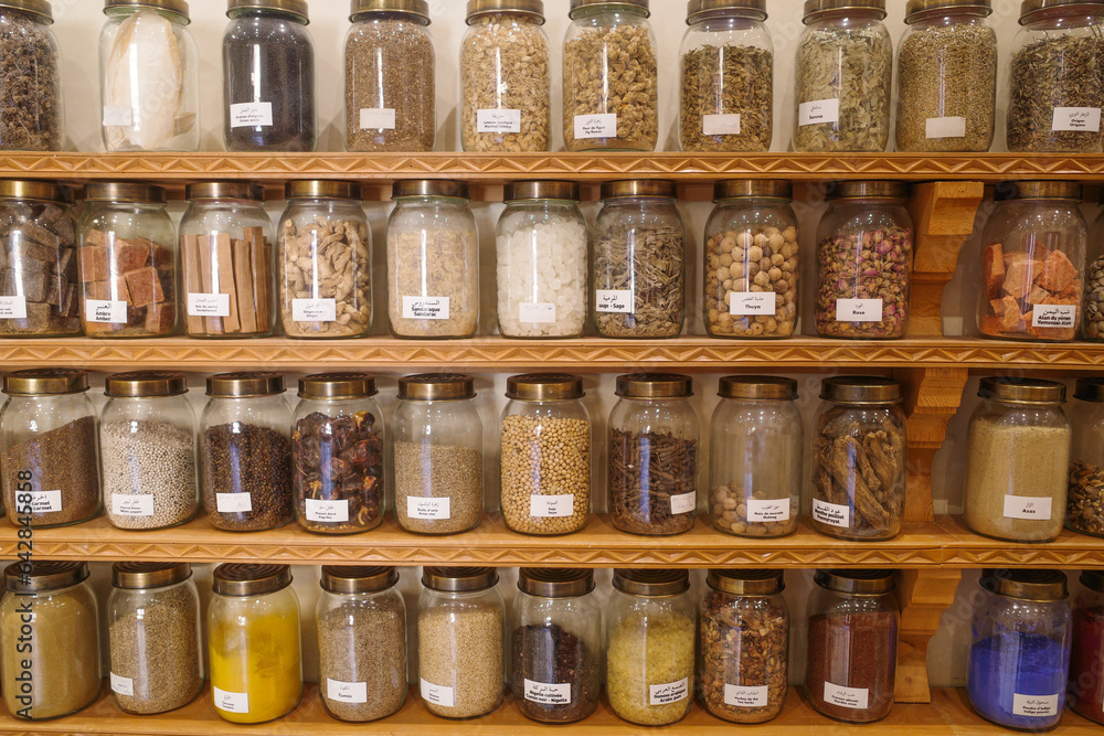 Marrakech, Morocco - Feb 8, 2023: Jars of dried seeds and spices at the ...